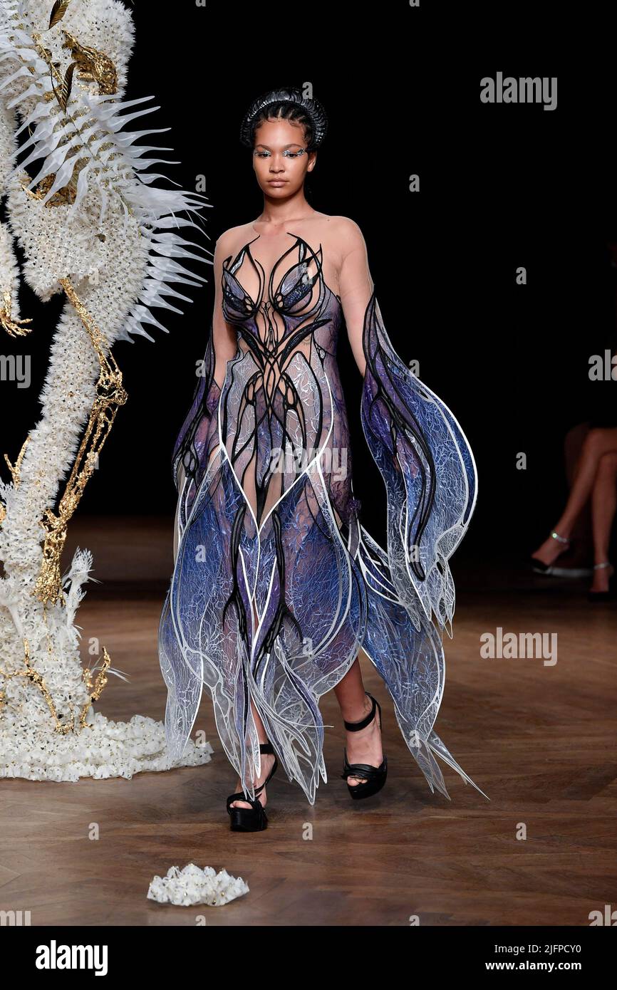 Paris, France, July 4 2022. A model walks on the runway at the Iris Van Herpen fashion show ...