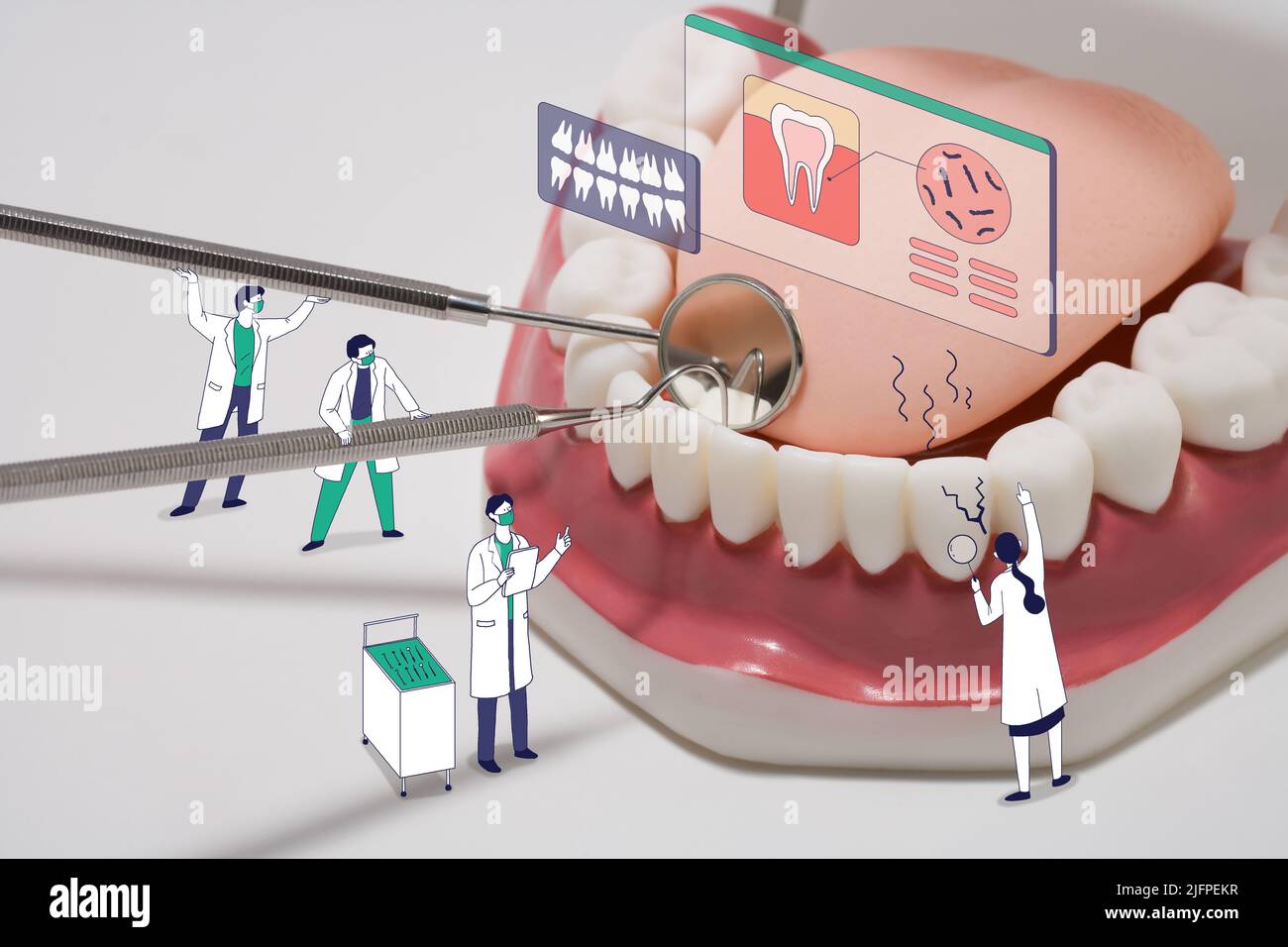 doctor, researcher, scientist characters on real photo of teeth ...