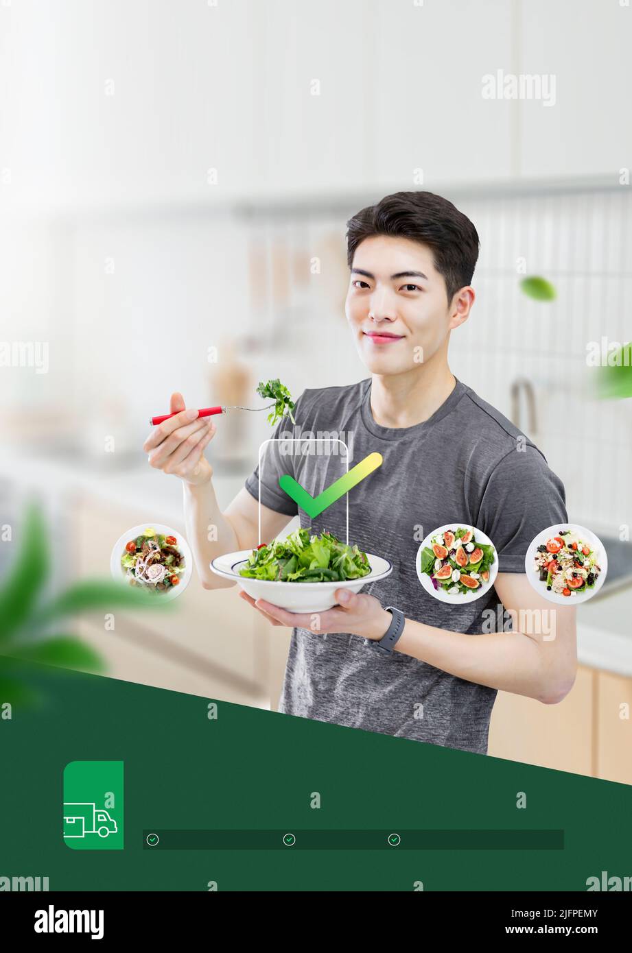 eat light, clean food poster with Korean model eating salad Stock Photo ...