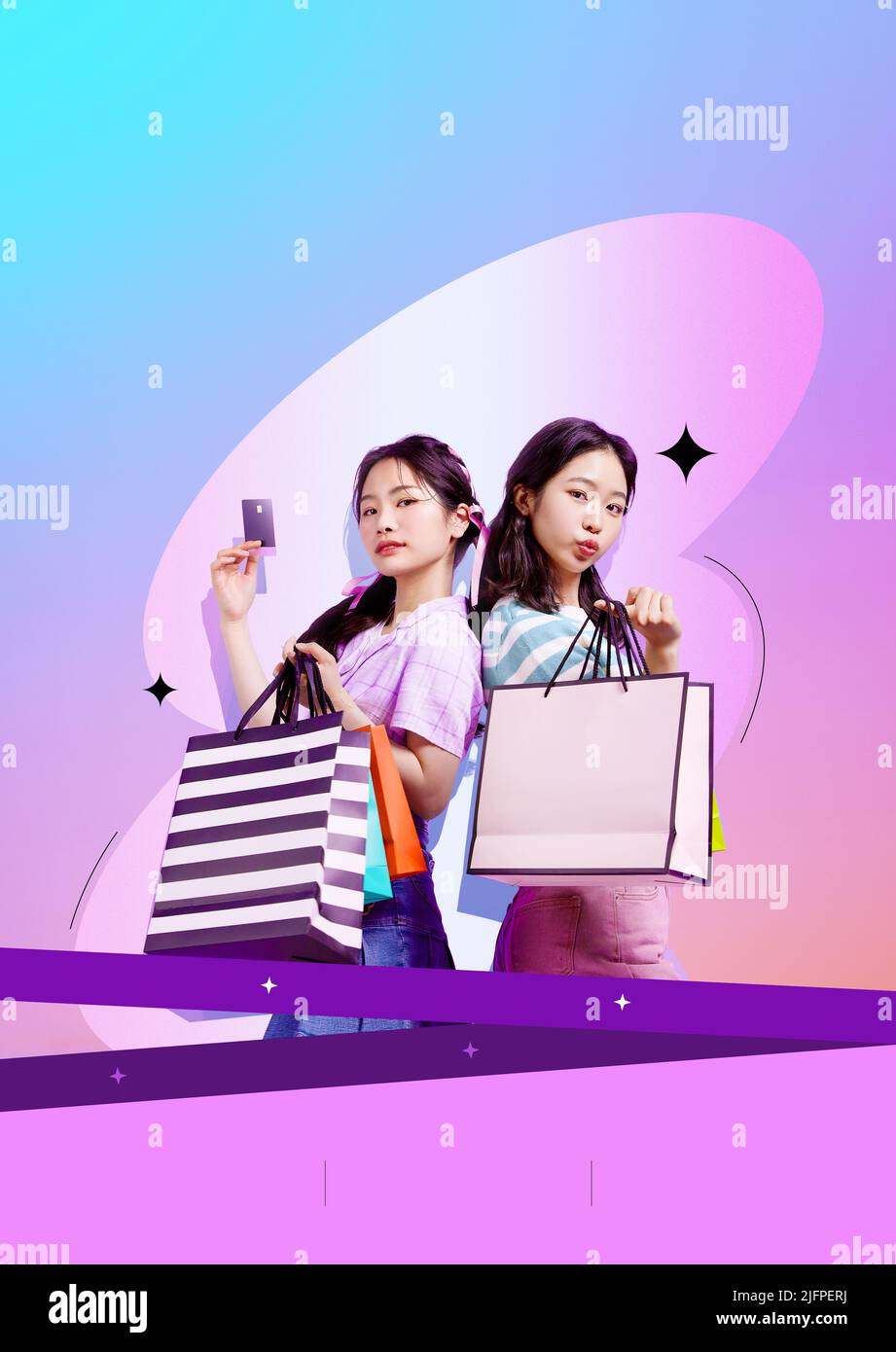 Z generation shopping event poster young Korean girls holding shopping ...