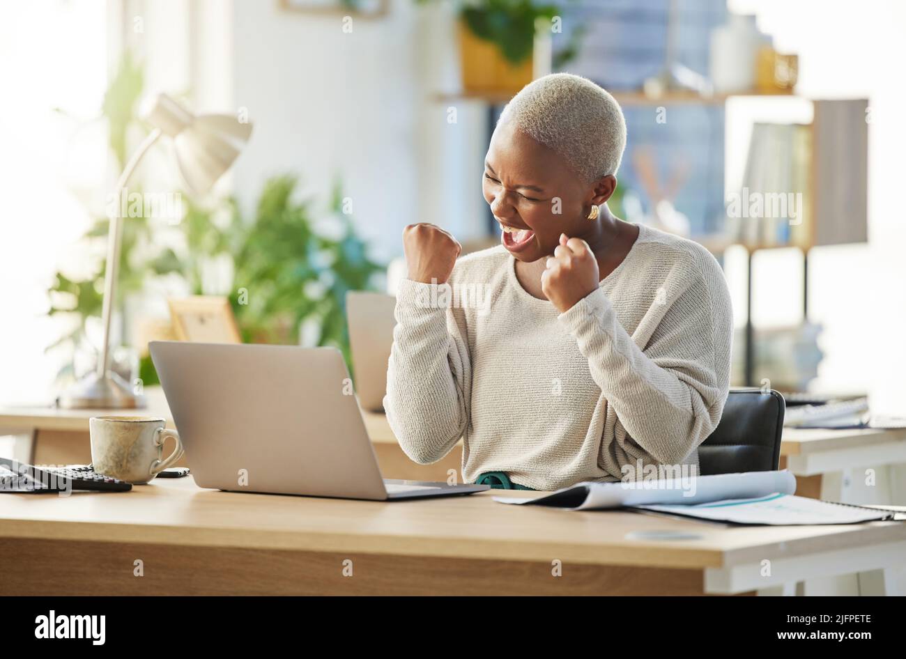Entrepreneur woman computer cheering hi-res stock photography and ...