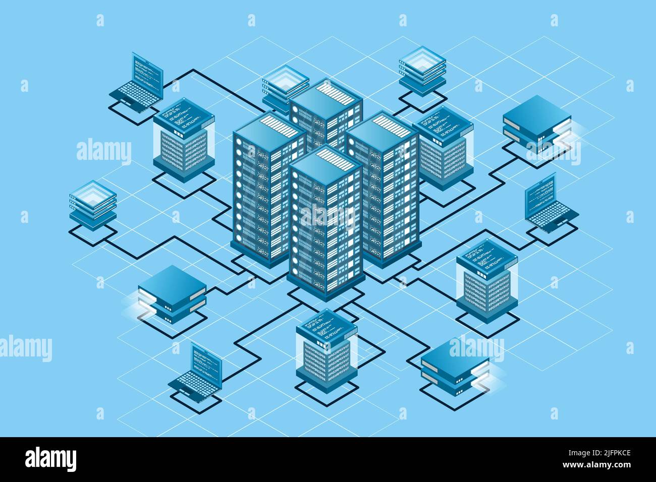 Concept of data network management . Vector isometric map with business networking servers ...
