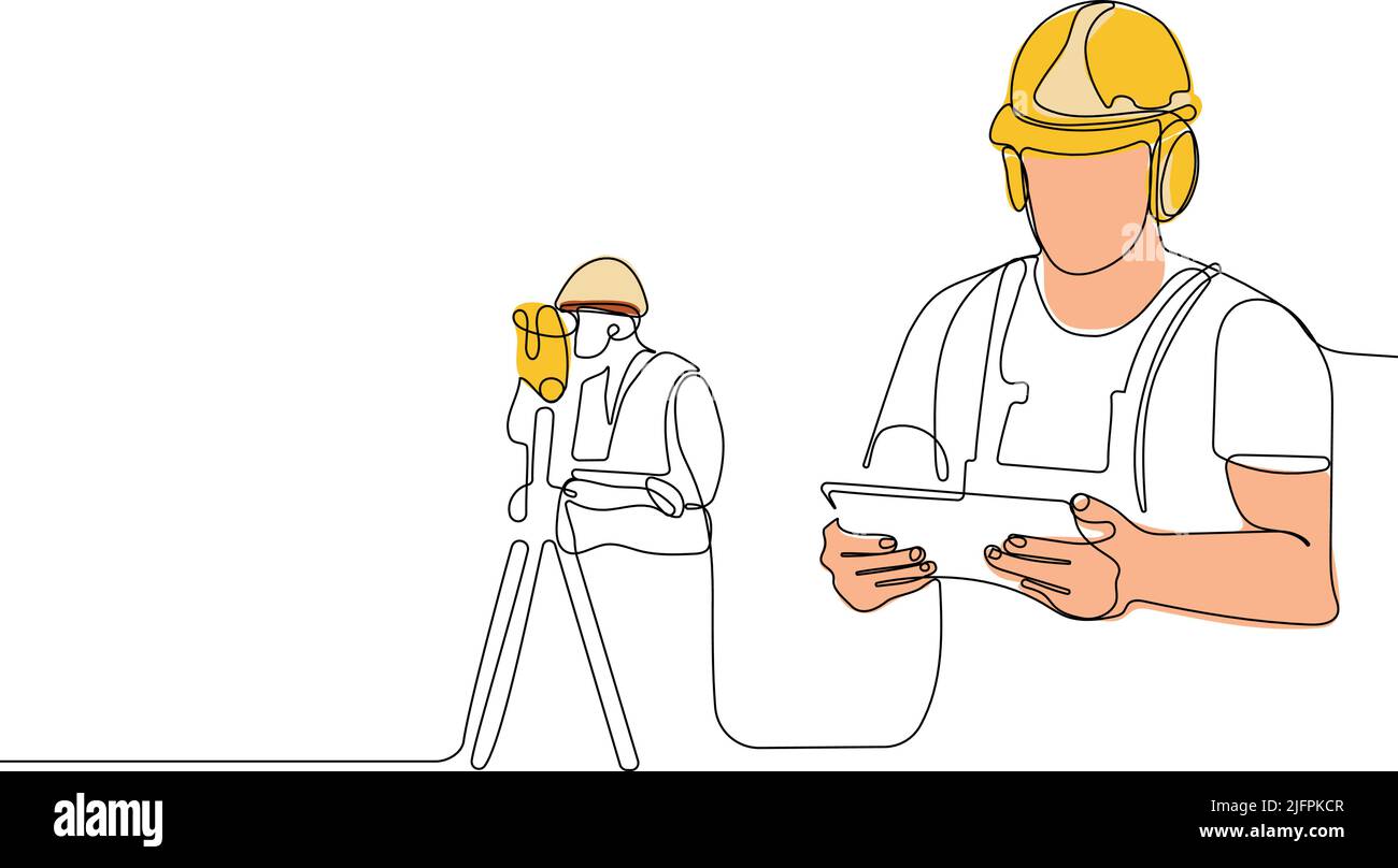 Caucasian worker with helmet on head using tablet Stock Vector Image ...