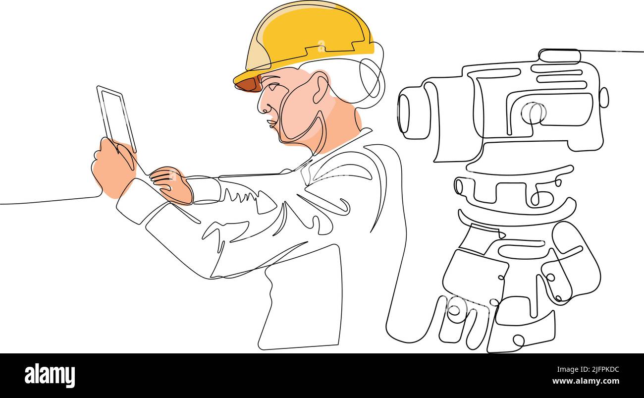 Caucasian worker with helmet on head using tablet Stock Vector Image ...