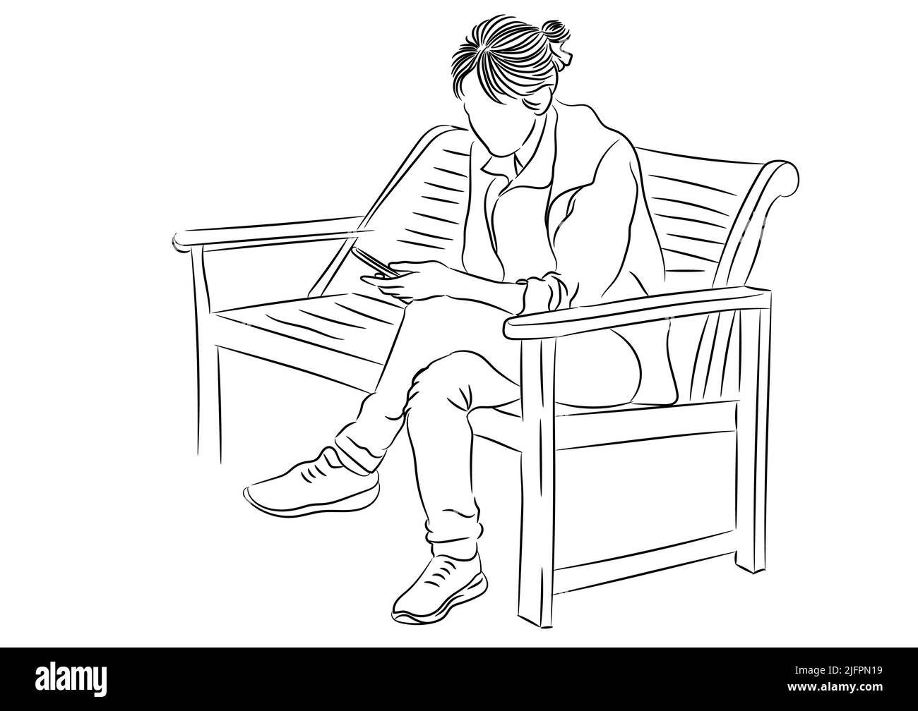 drawing outline business woman sit on chair and use a Smart Phone ...