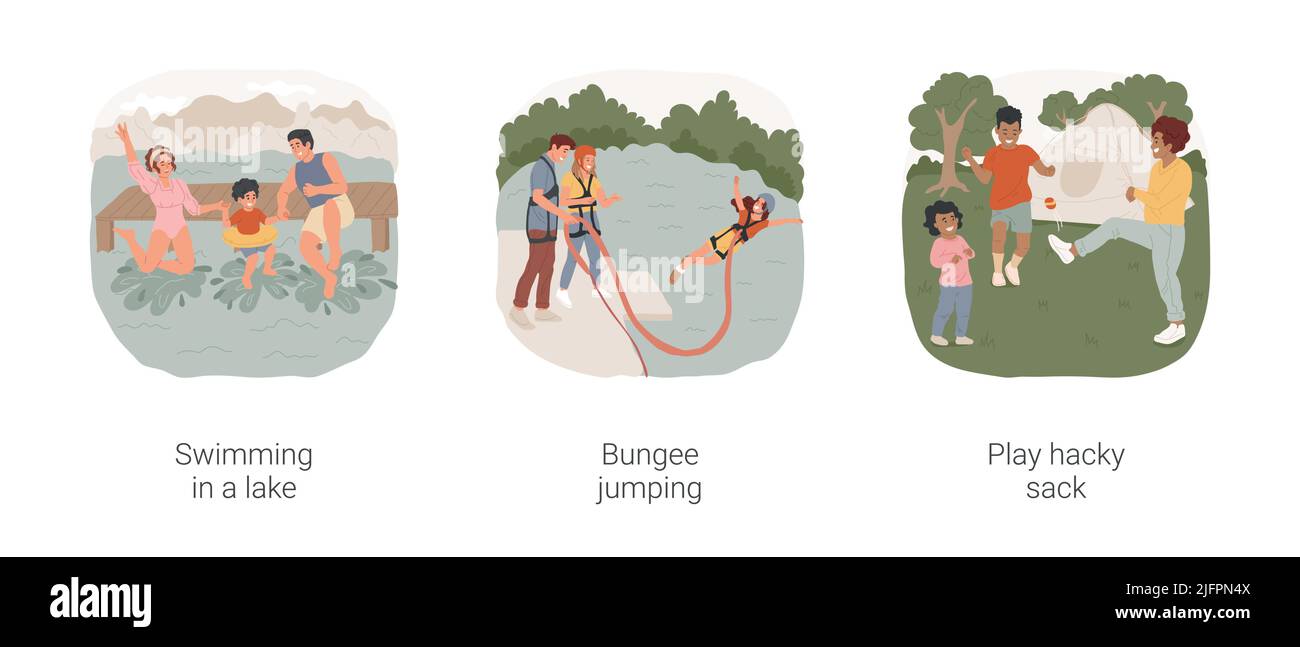 Active camping isolated cartoon vector illustration set. Swimming in a ...