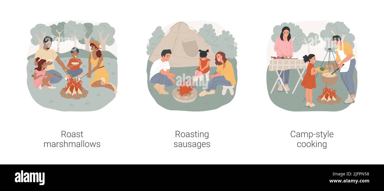 Campsite cooking isolated cartoon vector illustration set. Family sit ...
