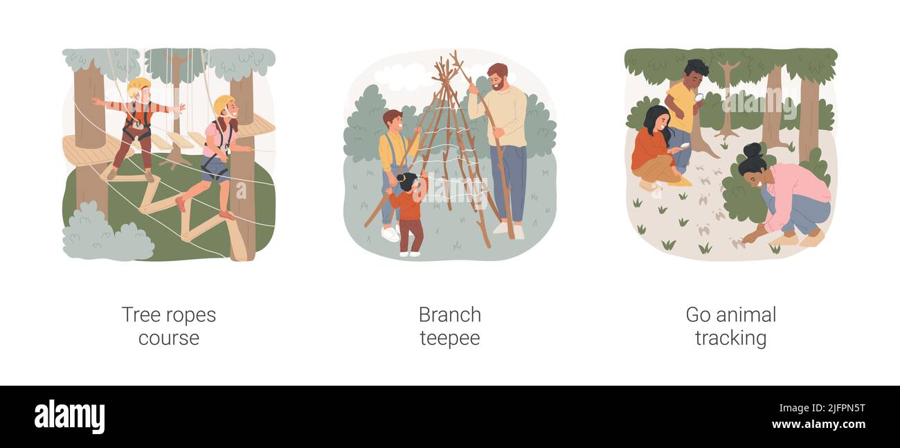 Active holiday isolated cartoon vector illustration set. Tree ropes ...