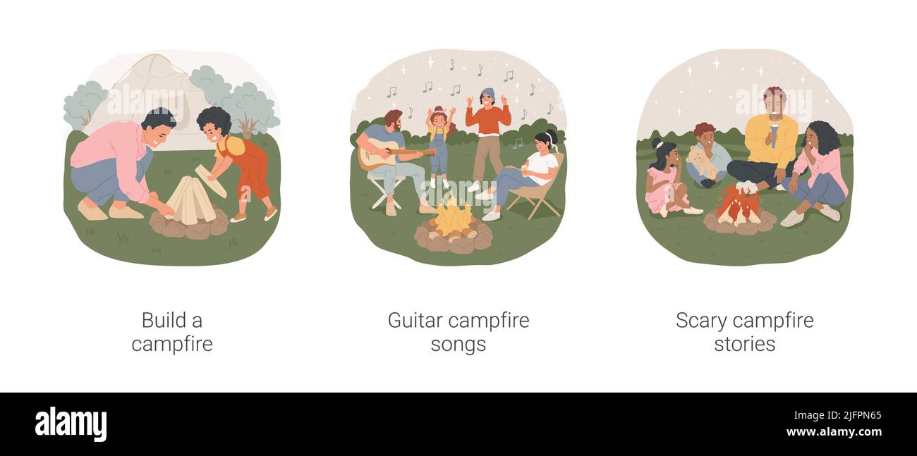 Campfire activities isolated cartoon vector illustration set. Father ...