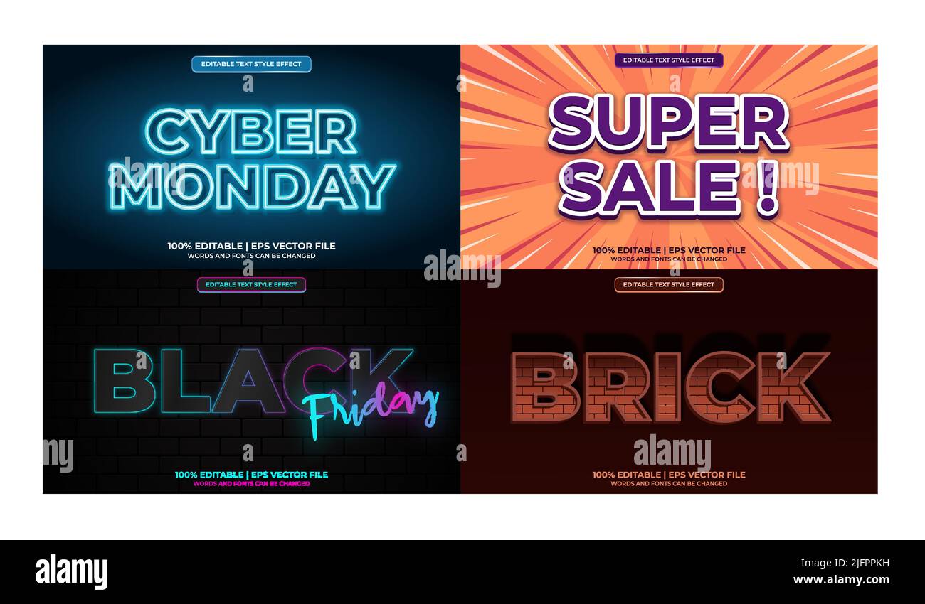 Bundle of editable text effect design vector. Set of editable text effect design. Modern ...