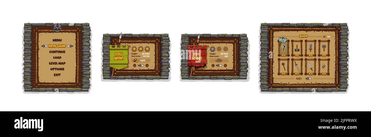 Game interface, popup menu, win and lose windows. Cartoon user ui panel ...
