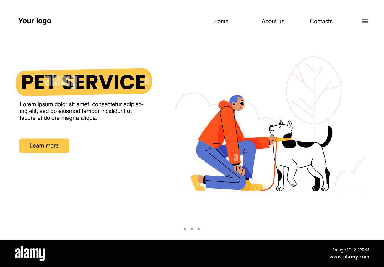 Pet service banner with man walk with dog in park. Vector landing page ...