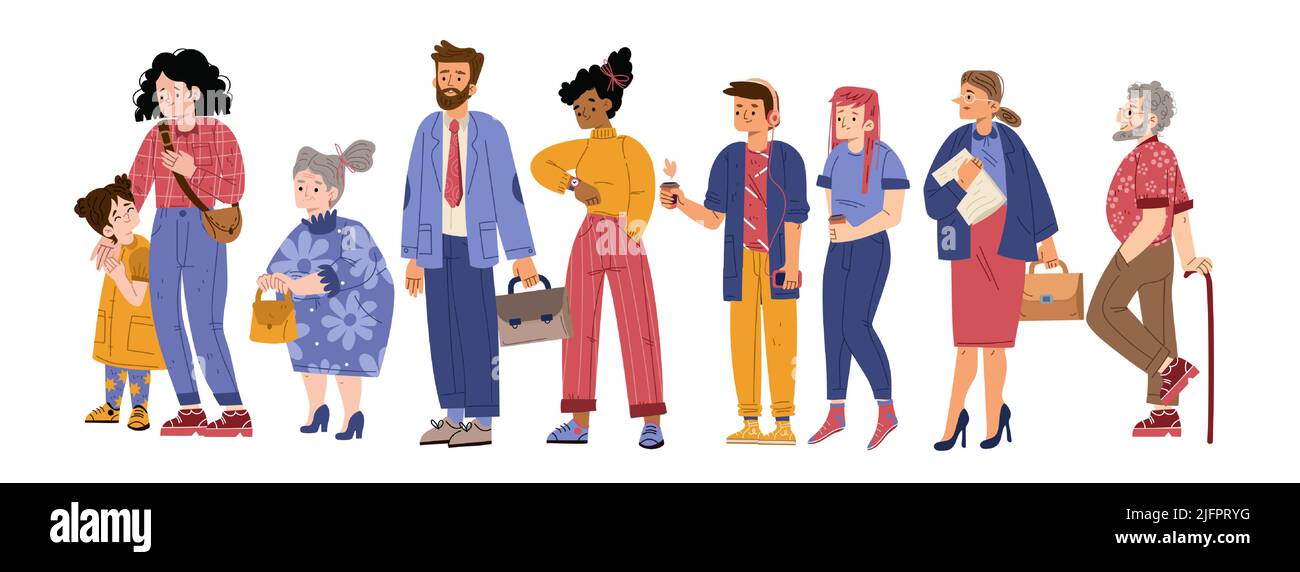 Diverse people standing in queue side view. Vector flat illustration of ...