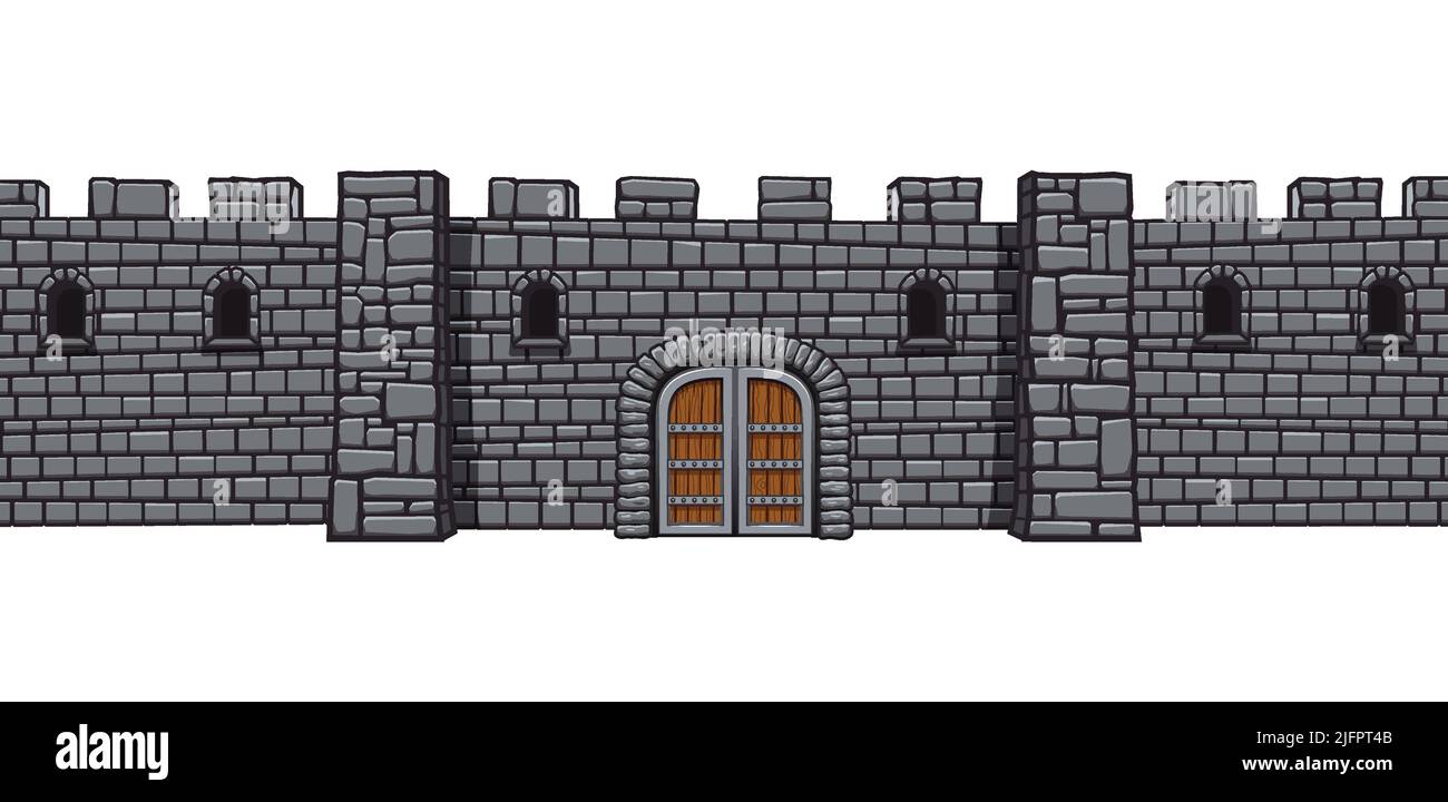 Medieval castle wall with gate and loopholes. Isolated dungeon or ...