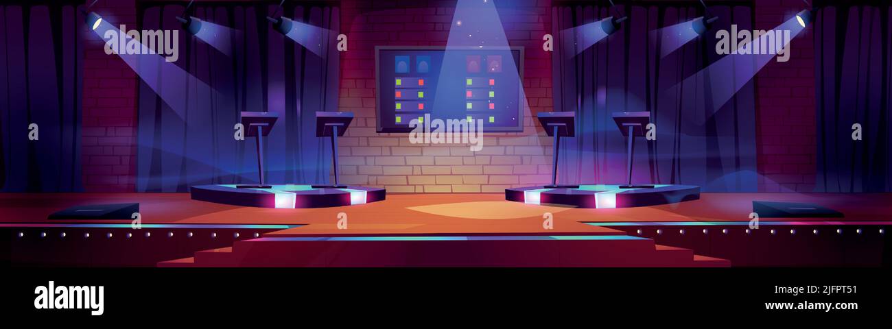 Quiz game stage interior with stands, spotlights, questions on digital ...