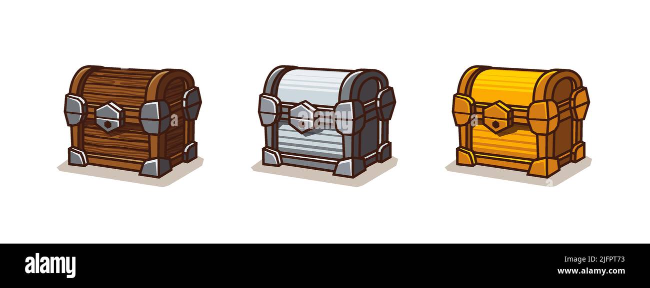 Game icons of treasure chests. Vector cartoon set of closed ancient ...