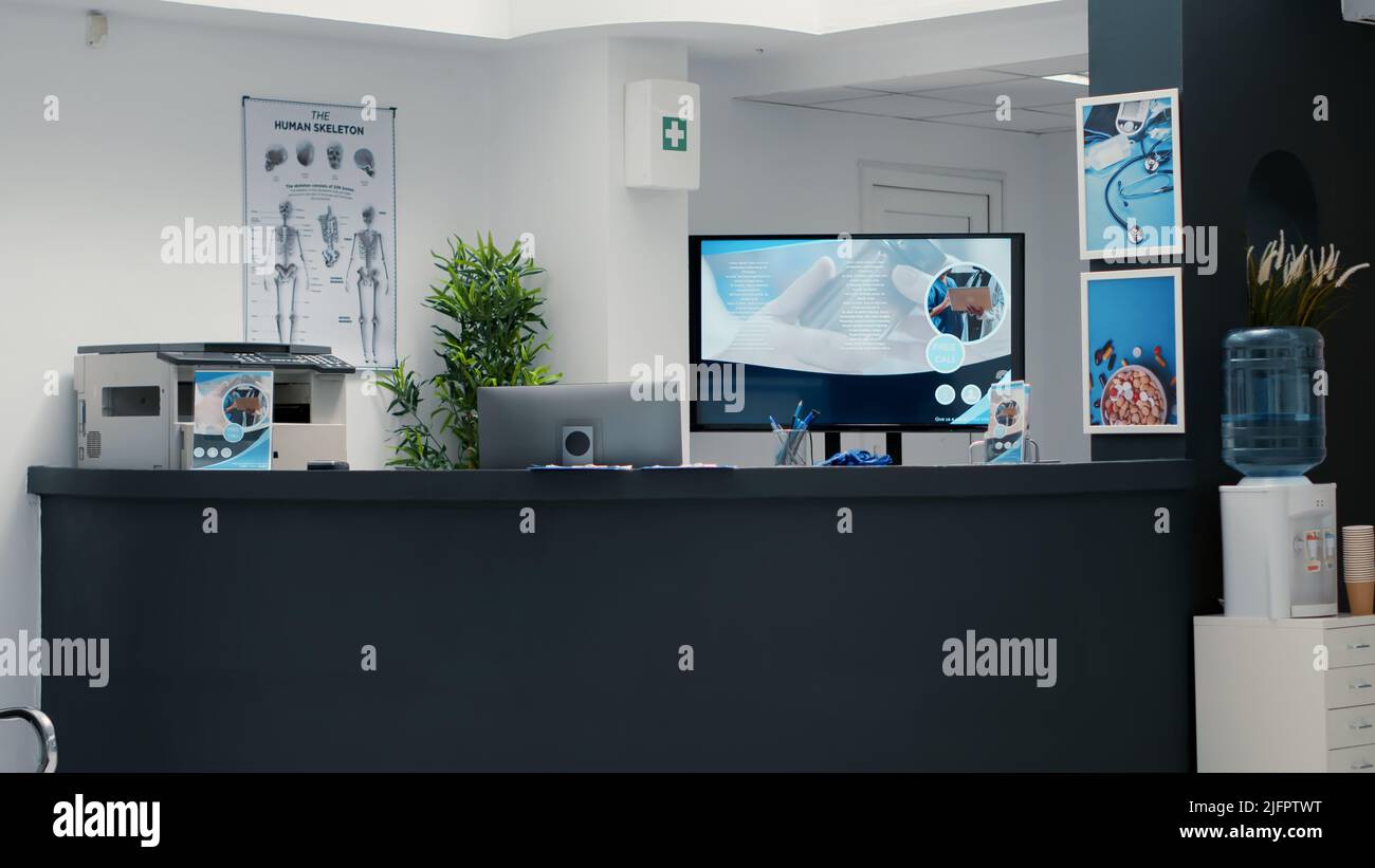 Empty reception counter with no people at healthcare clinic, hospital ...