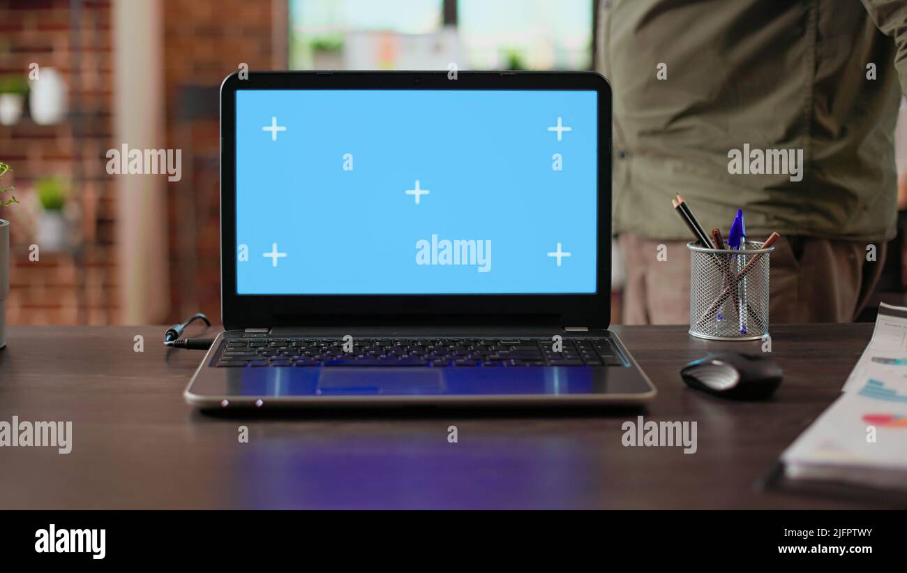 Nobody at desk with laptop computer on greenscreen template, isolated ...