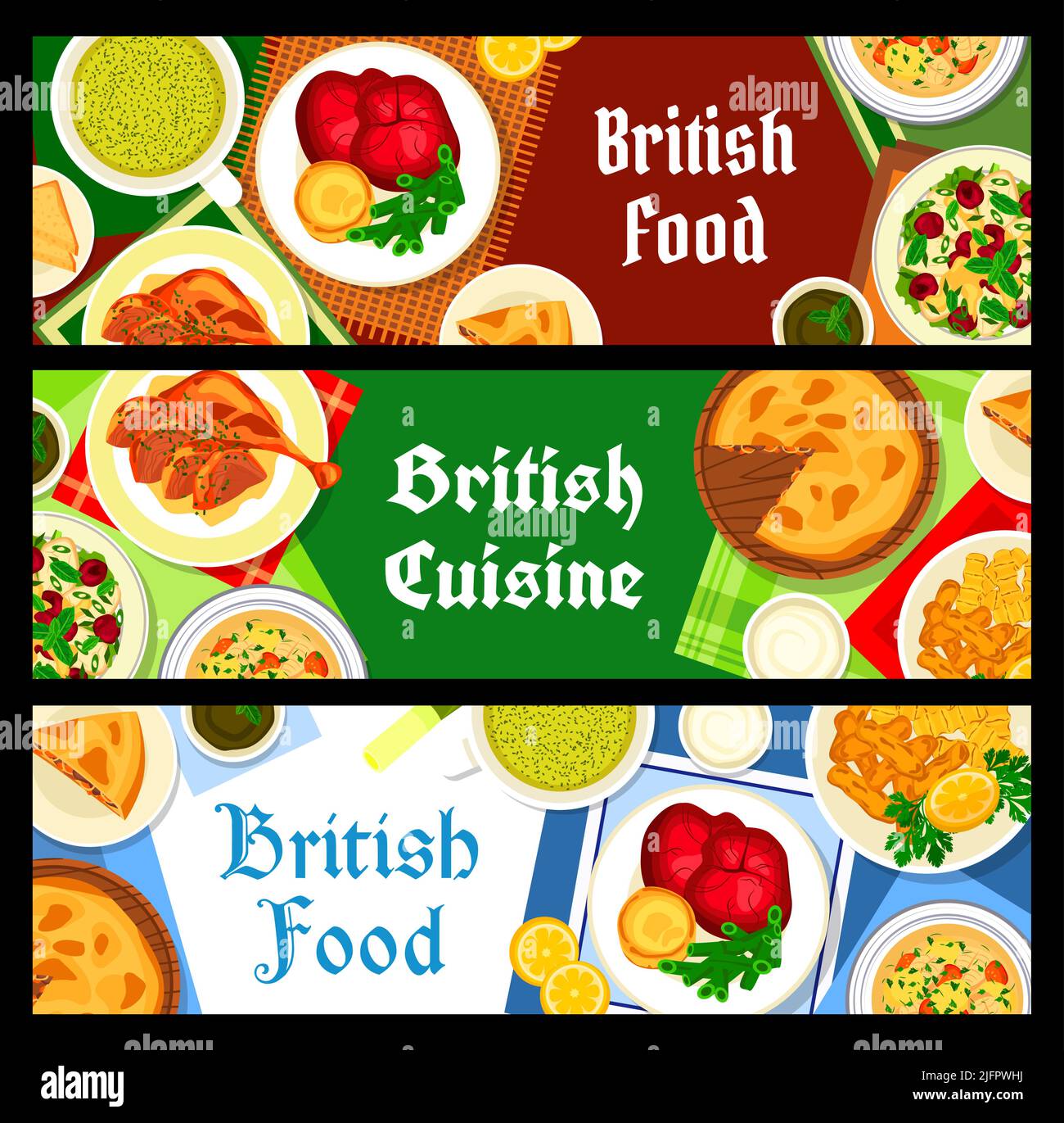 British cuisine banners. Sorrel cream soup, fish with chips and chicken ...