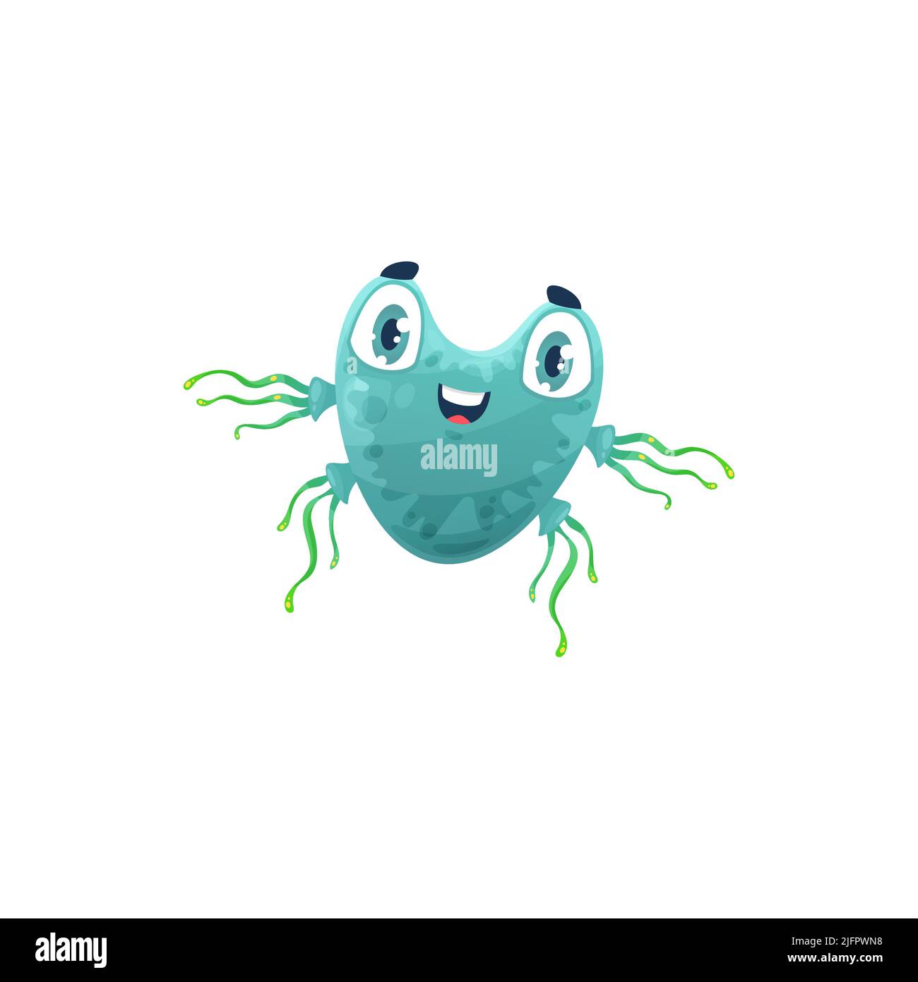 Cartoon virus cell vector icon, cute green bacteria with long hairs ...