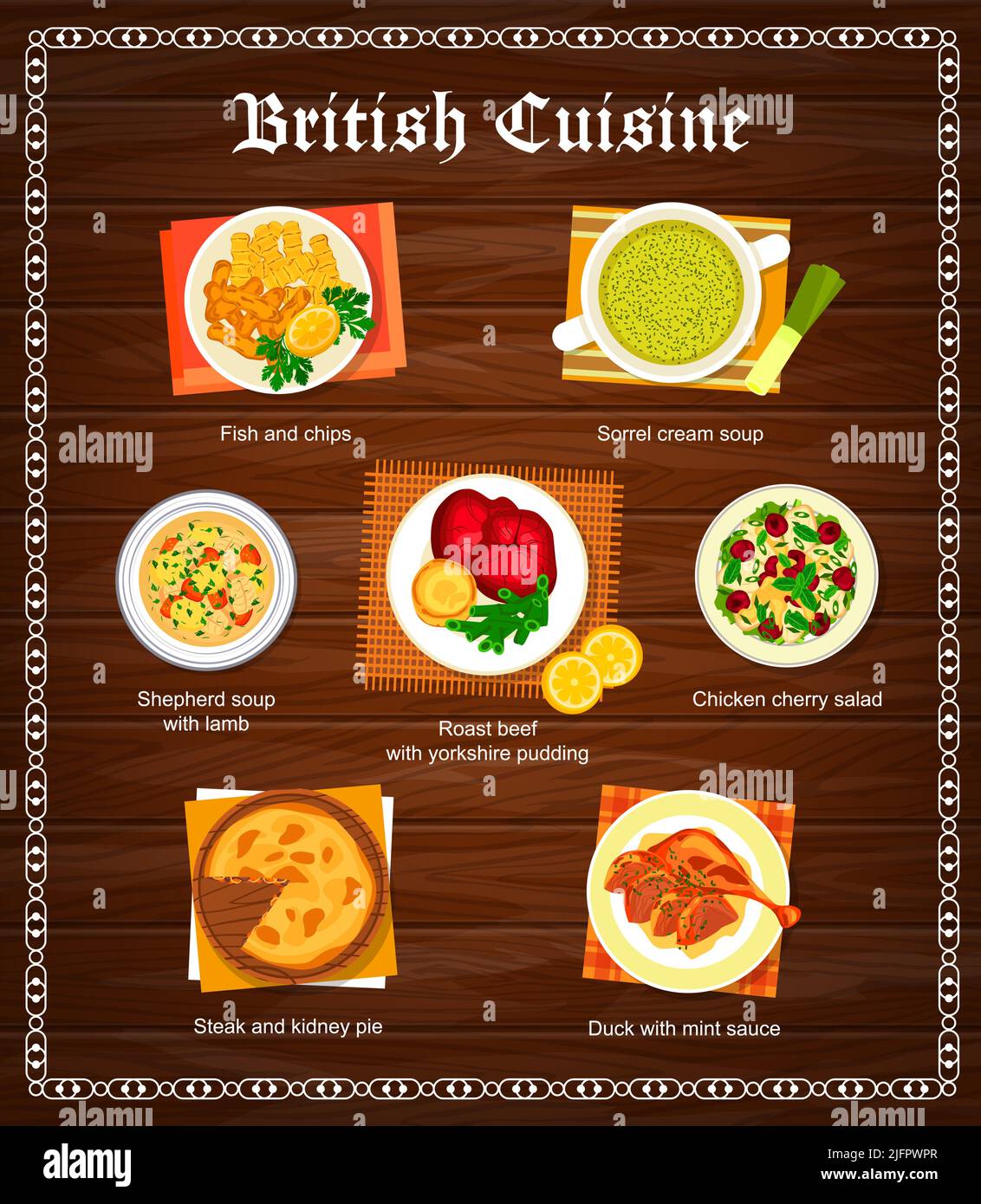 British cuisine menu. Sorrel cream soup, fish and chips, steak and ...