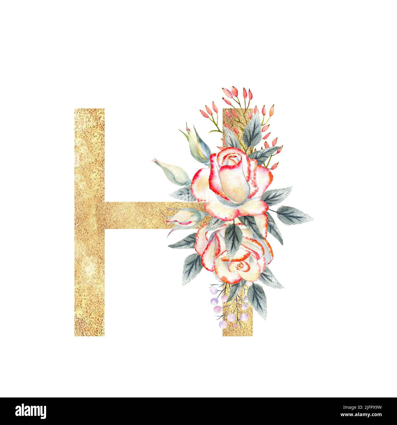Golden letter Hof the English alphabet with a bouquet of pink roses on ...