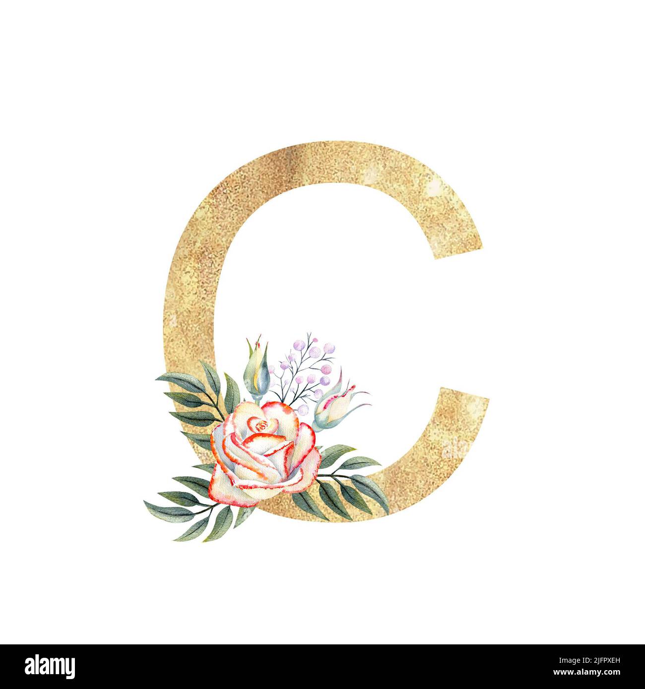 Golden letter C of the English alphabet with a bouquet of pink roses on ...