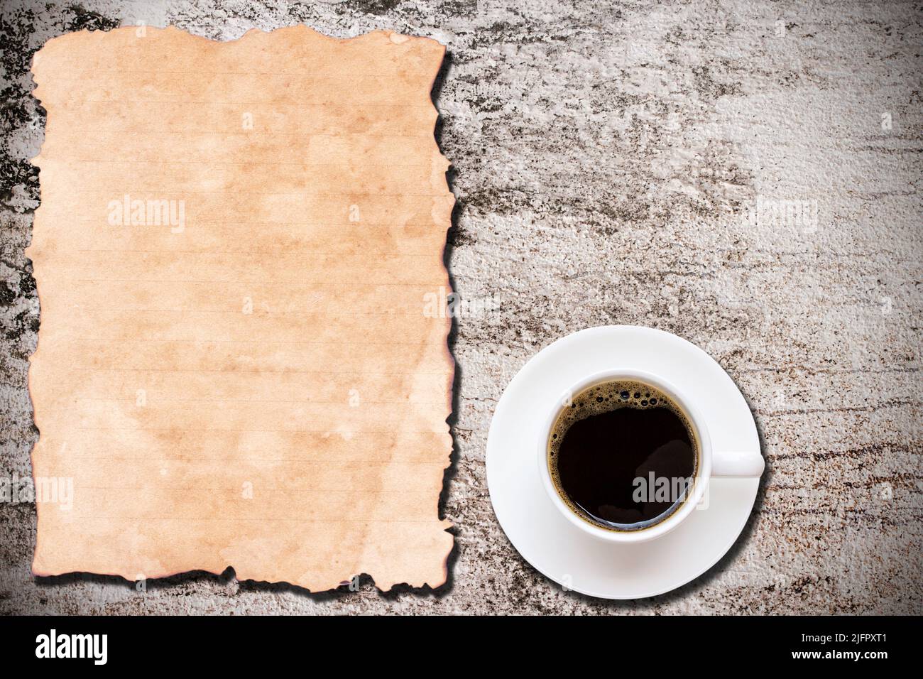 Old paper and cup of coffee on grunge background with copy space Stock ...