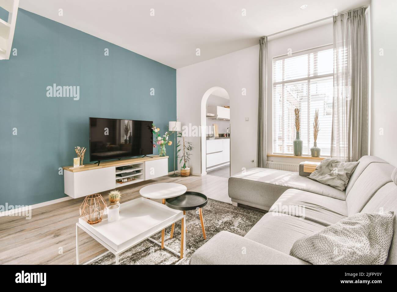 Interior of living room with comfortable sofa and TV against windows in ...