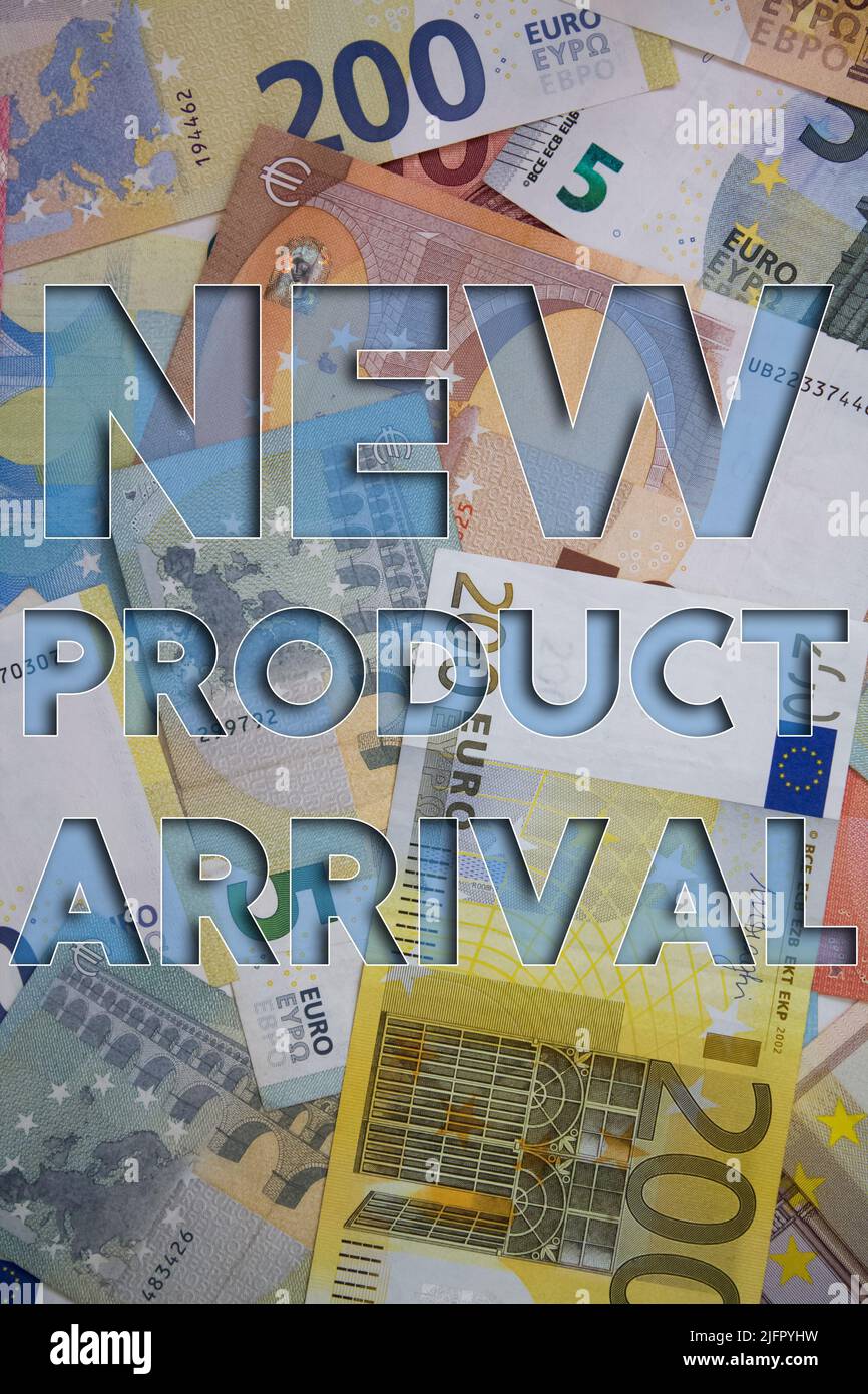 New Product Arrival word with money. Paper currency background with ...