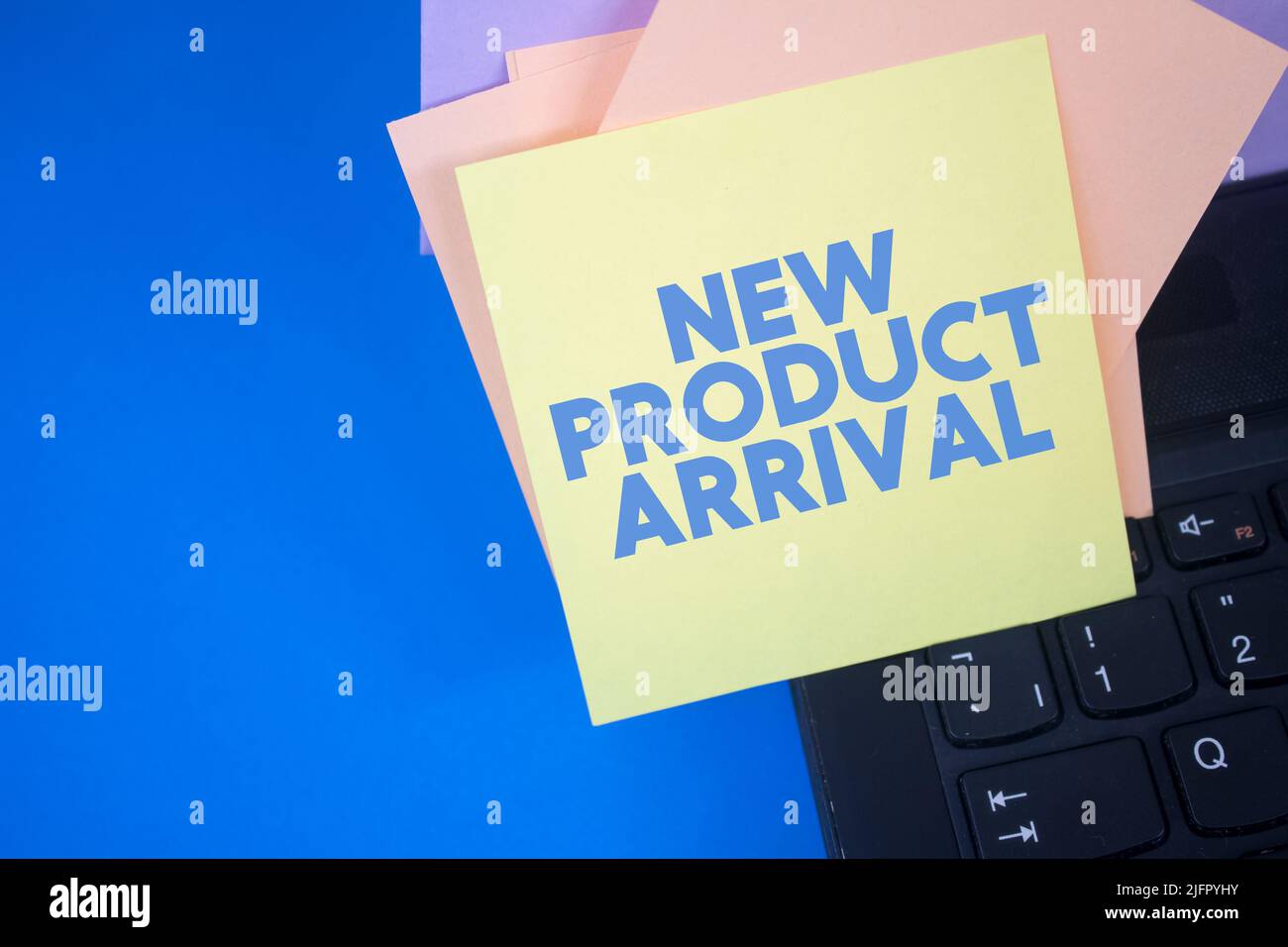 New Product Arrival. Text on adhesive note paper. Event, celebration ...