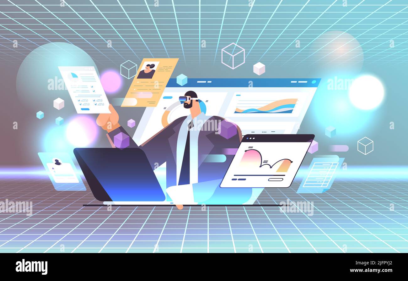 businessman in digital glasses analyzing financial data on charts and ...