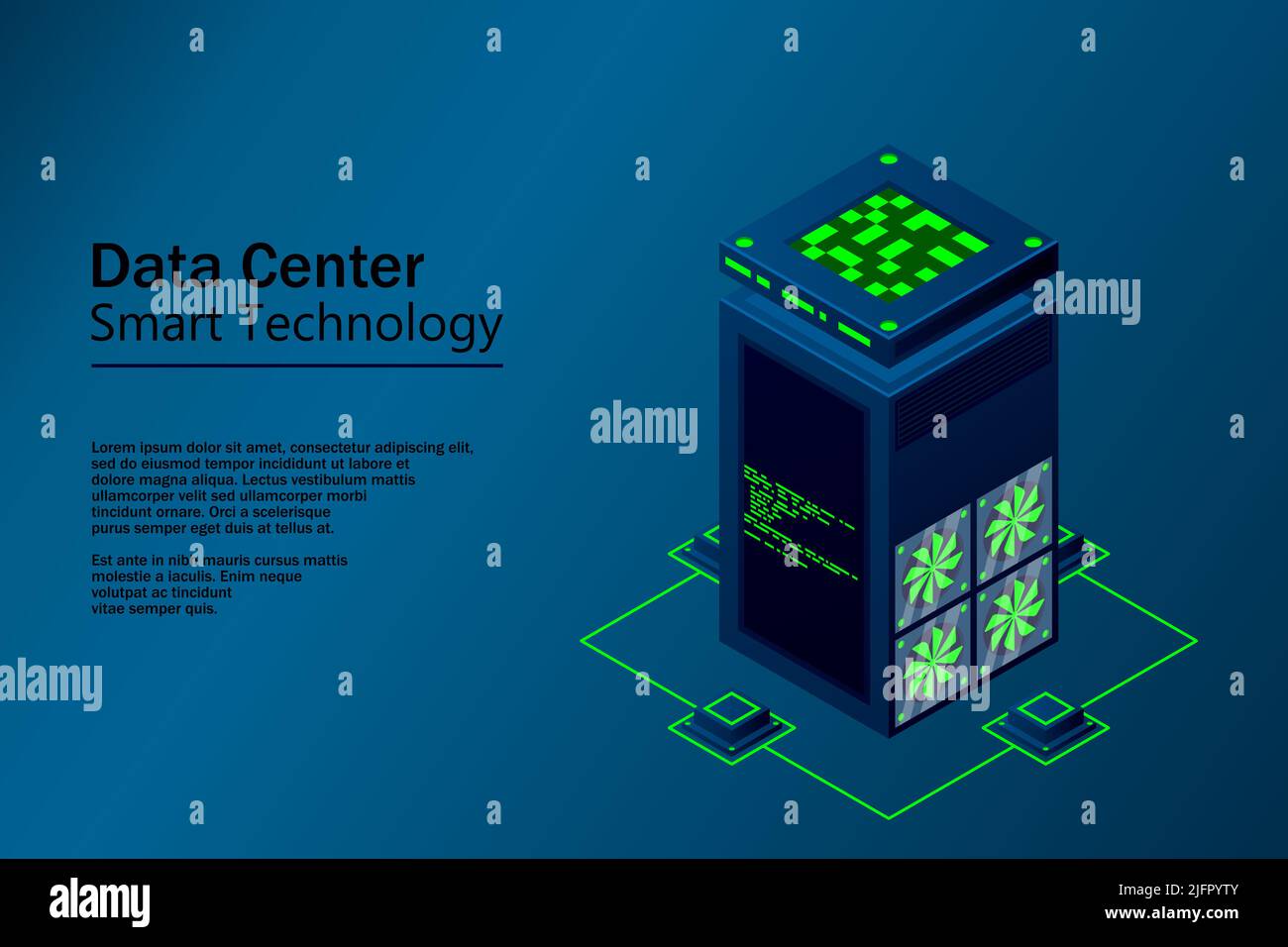 Data center with server racks isometric. Internet network equipment, smart technology, cloud ...