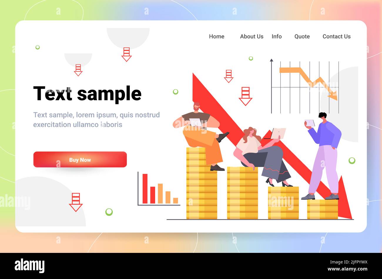 stressed businesspeople sitting on coins using laptops falling down ...