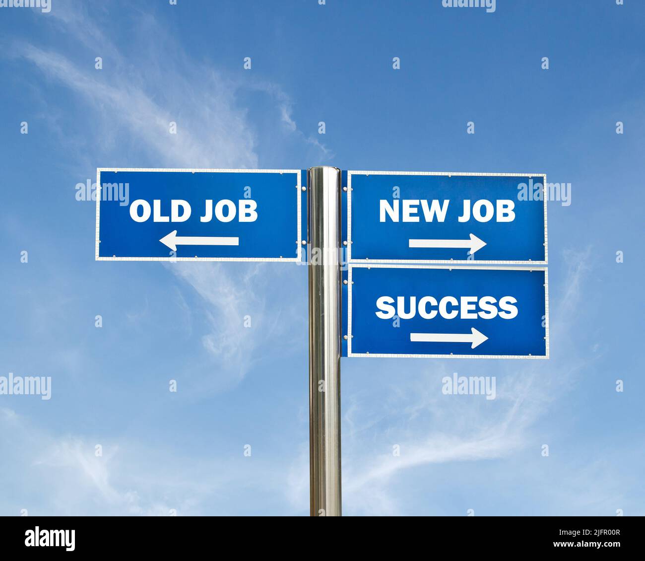 Road sign with text for OLD JOB,NEWJOB,SUCCESS on blurred blur sky and ...