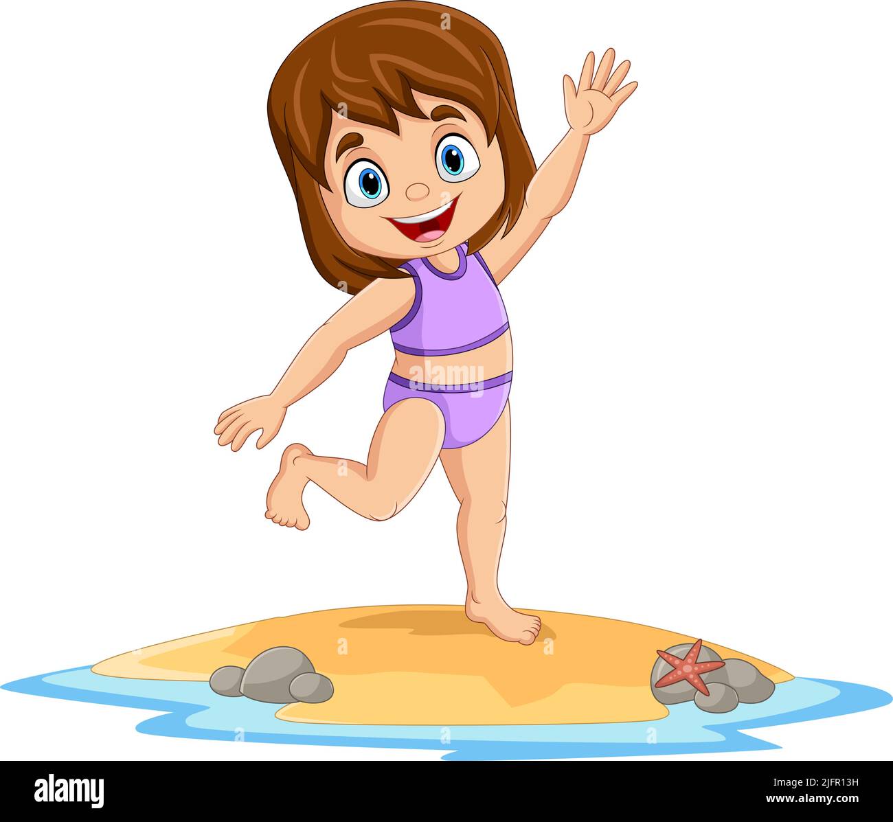 Cartoon happy little girl in swimsuit on beach Stock Vector Image & Art ...