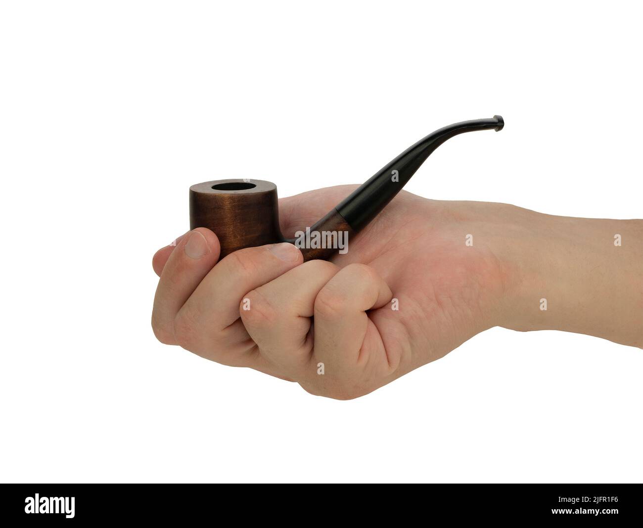 Wooden pipe in a hand, isolated on the white background. Smoking a pipe ...