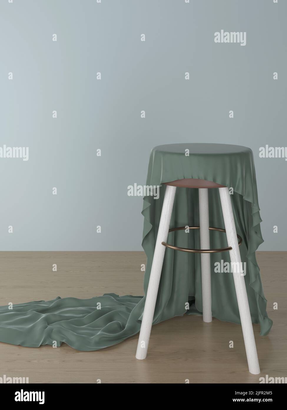 3D illustration of dark green fabric on brown stool for product ...