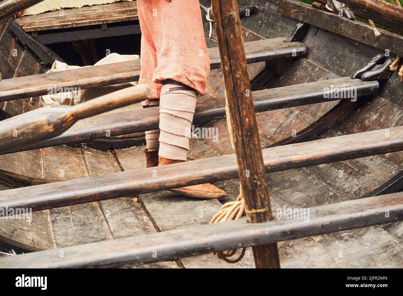 Medieval wooden ship on oars. Reconstruction of the events of the ...