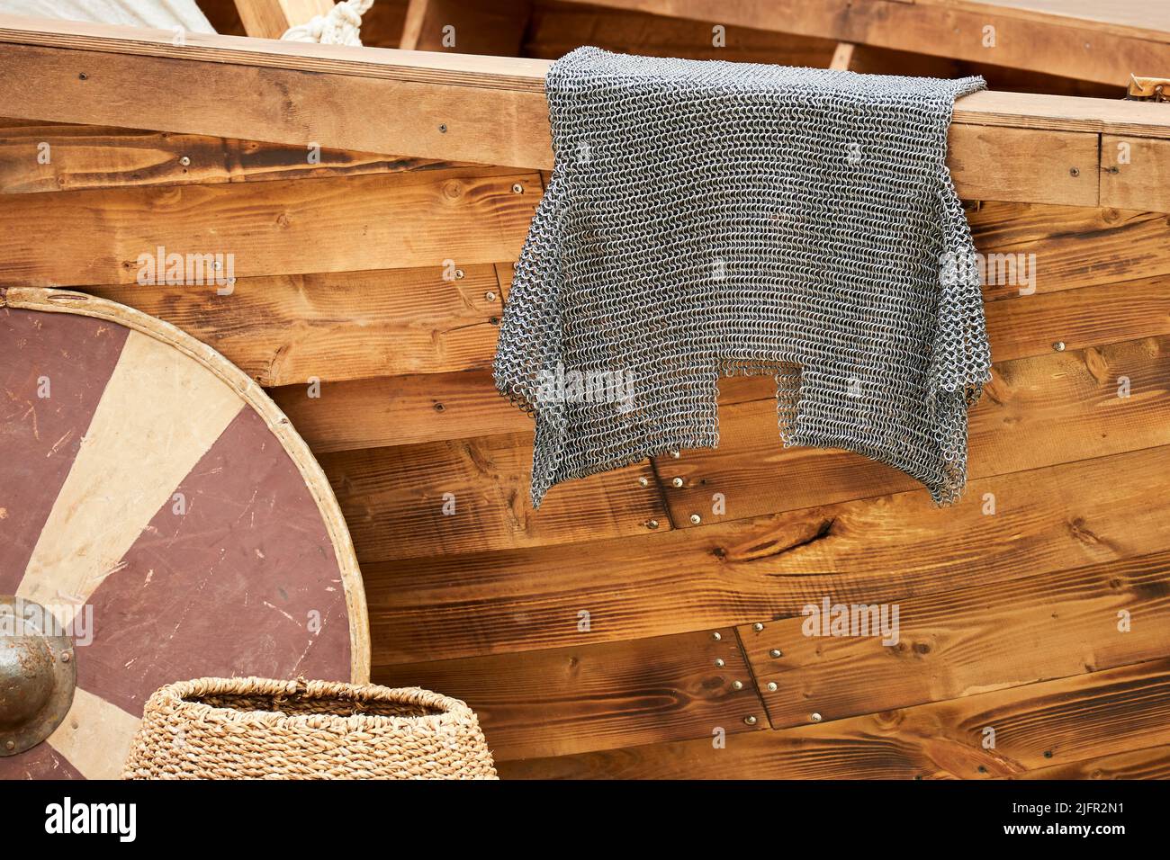 Medieval vintage armor and retro chain mail of a warrior on board a ...