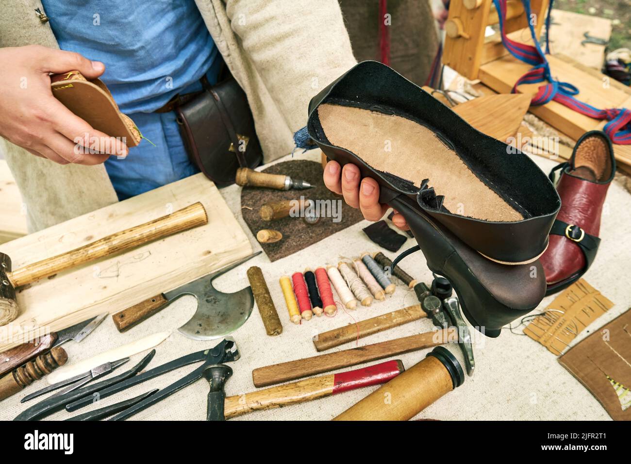 Making medieval vintage leather shoes, items for creating retro boots ...