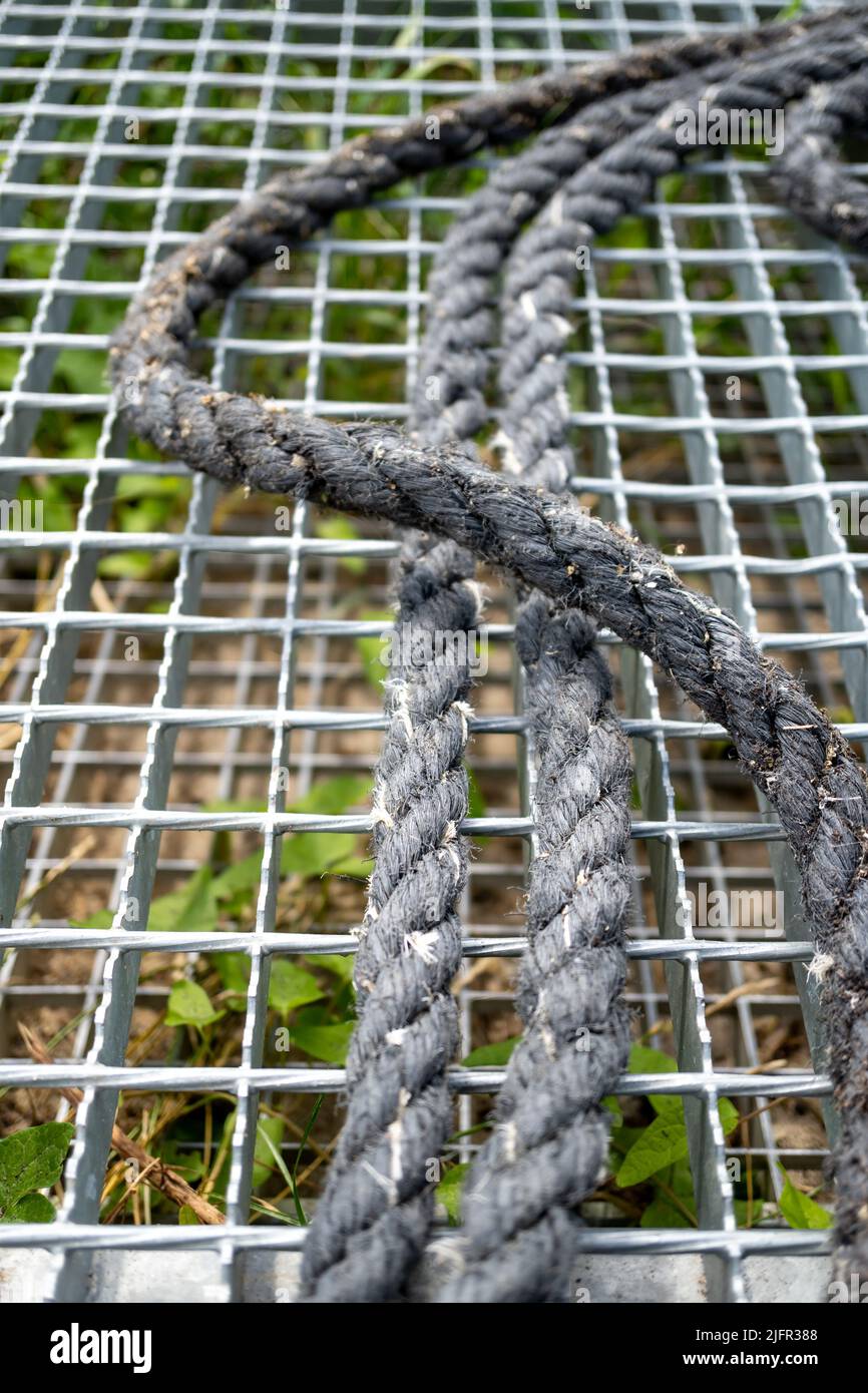 A vertical shot of an old thick rope on a metal grid in a garden Stock ...