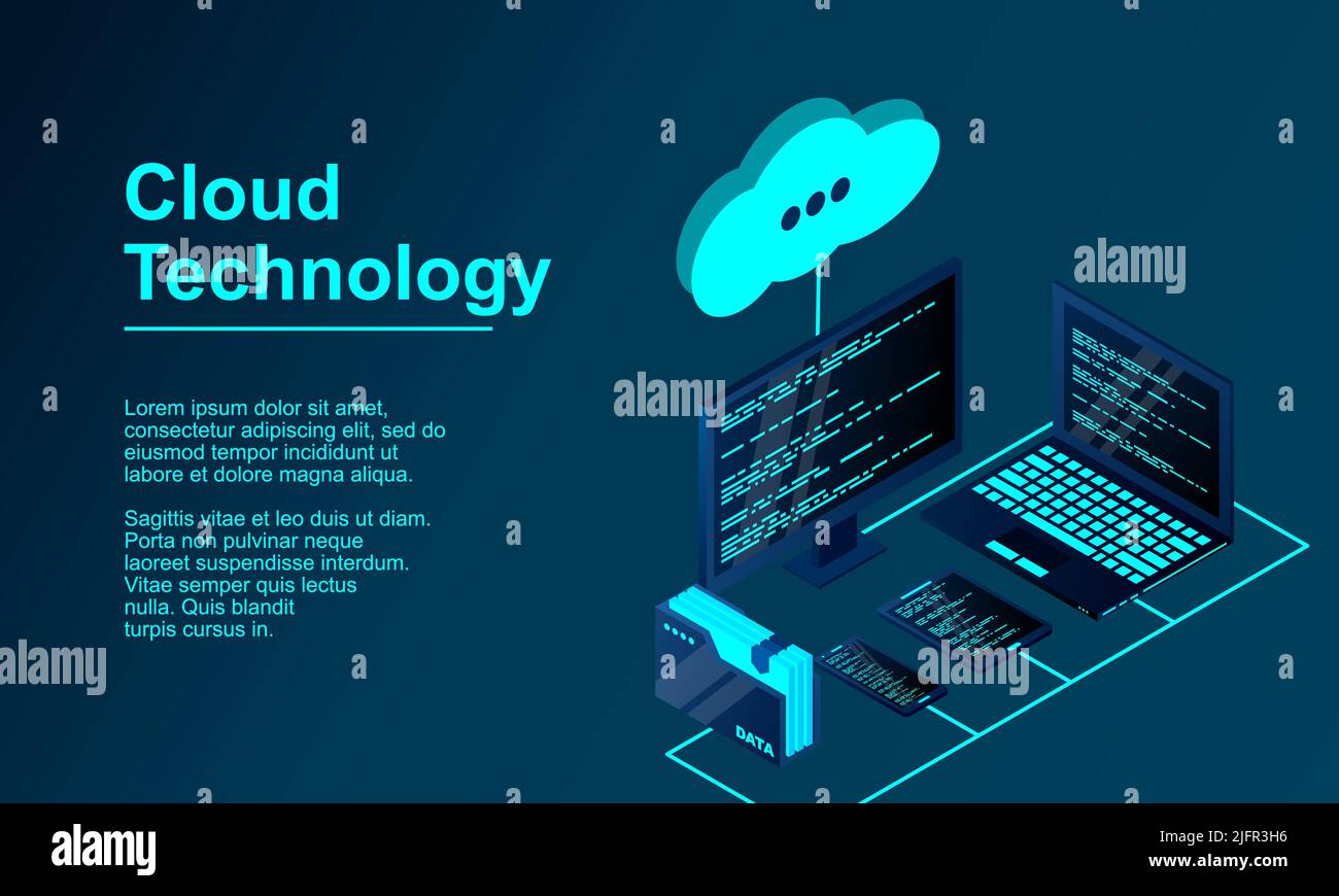 Cloud storage 3d isometric technology concept. Isometric cloud technology with datacenter ...