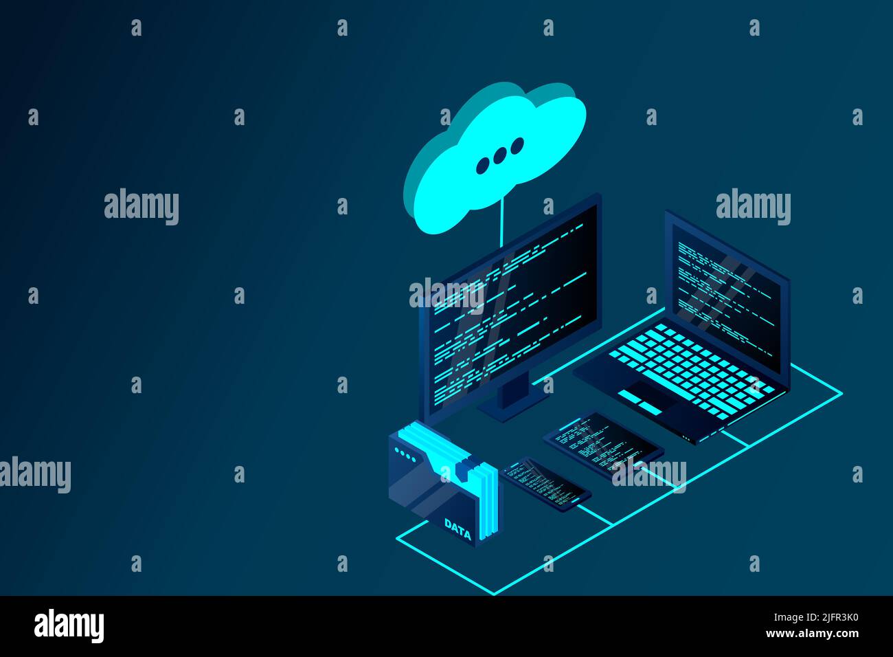 Cloud storage 3d isometric technology concept. Isometric cloud technology with datacenter ...