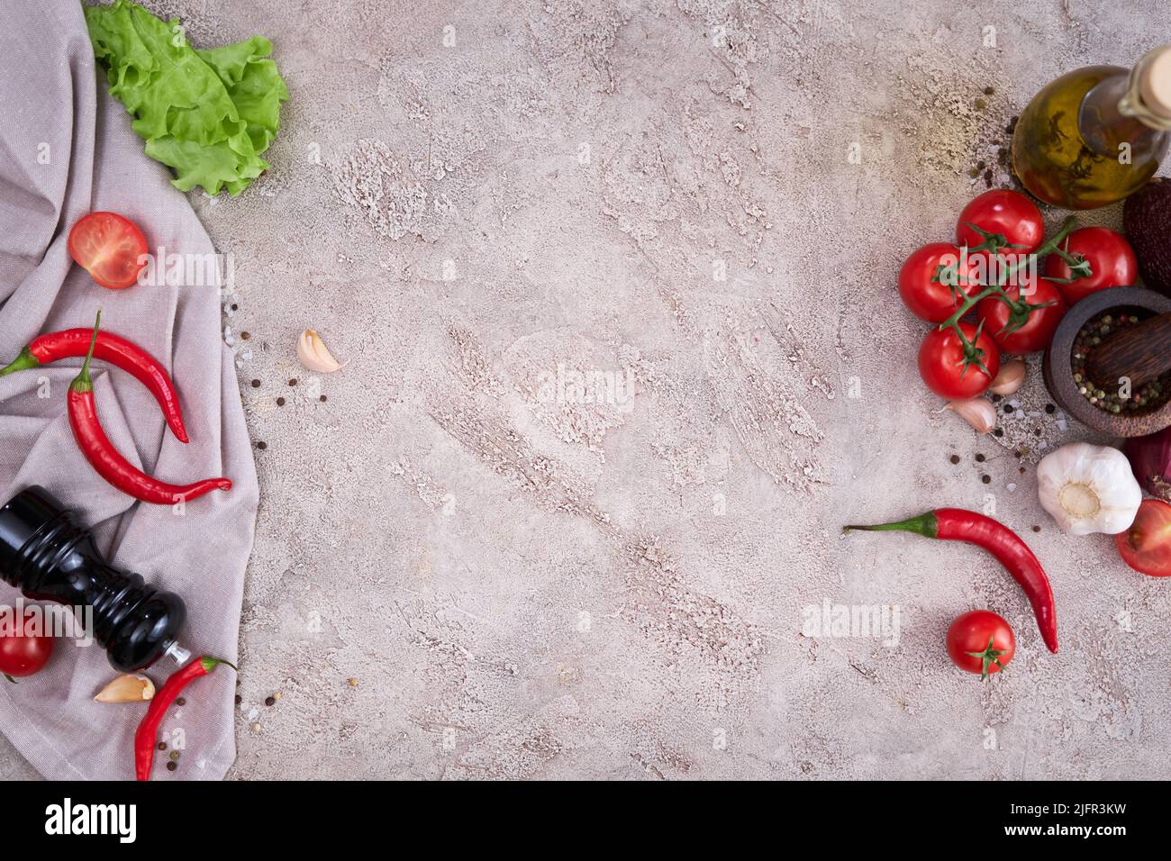Vegetables On grey stone concrete table top view with copy space ...
