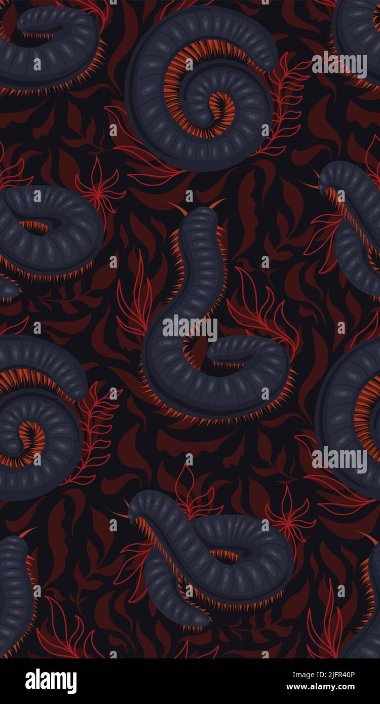 Vector seamless dark pattern with centipedes with foliage and stems on ...