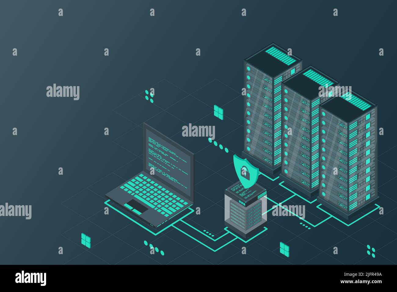 Data security isometric illustration. Illustration of a server laptop and firewall. Isometric ...