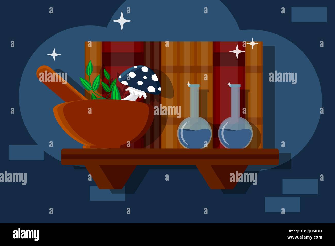Magic Potion Bottle with Ingredients and Spell book. Vector ...