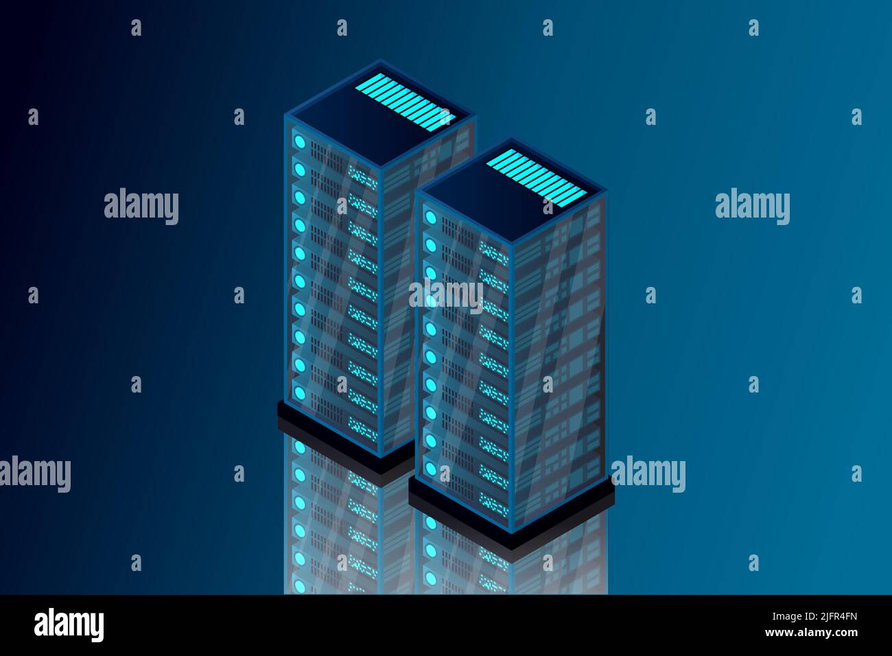 Isometric server room. Futuristic technology of data protection and processing. Mainframe ...