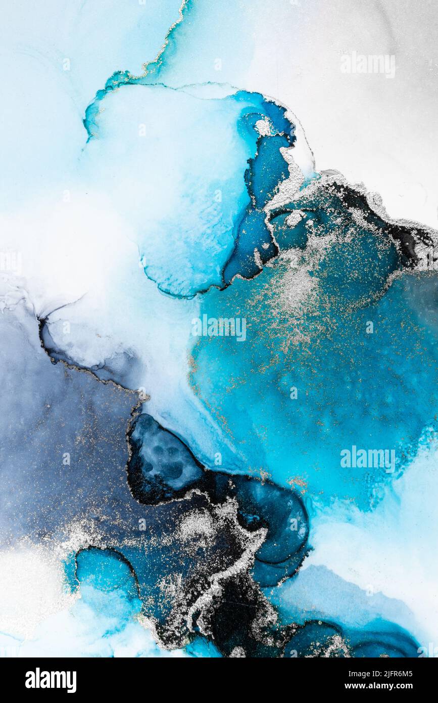 Blue silver abstract background of marble liquid ink art painting on ...